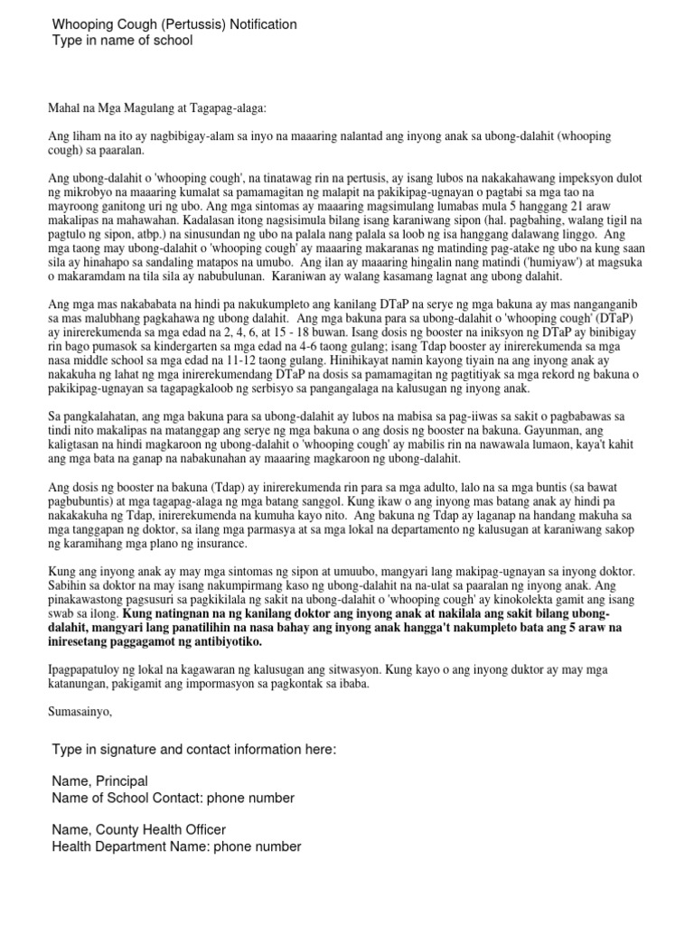 Pertussis Sample Letter Elementary Tagalog | PDF