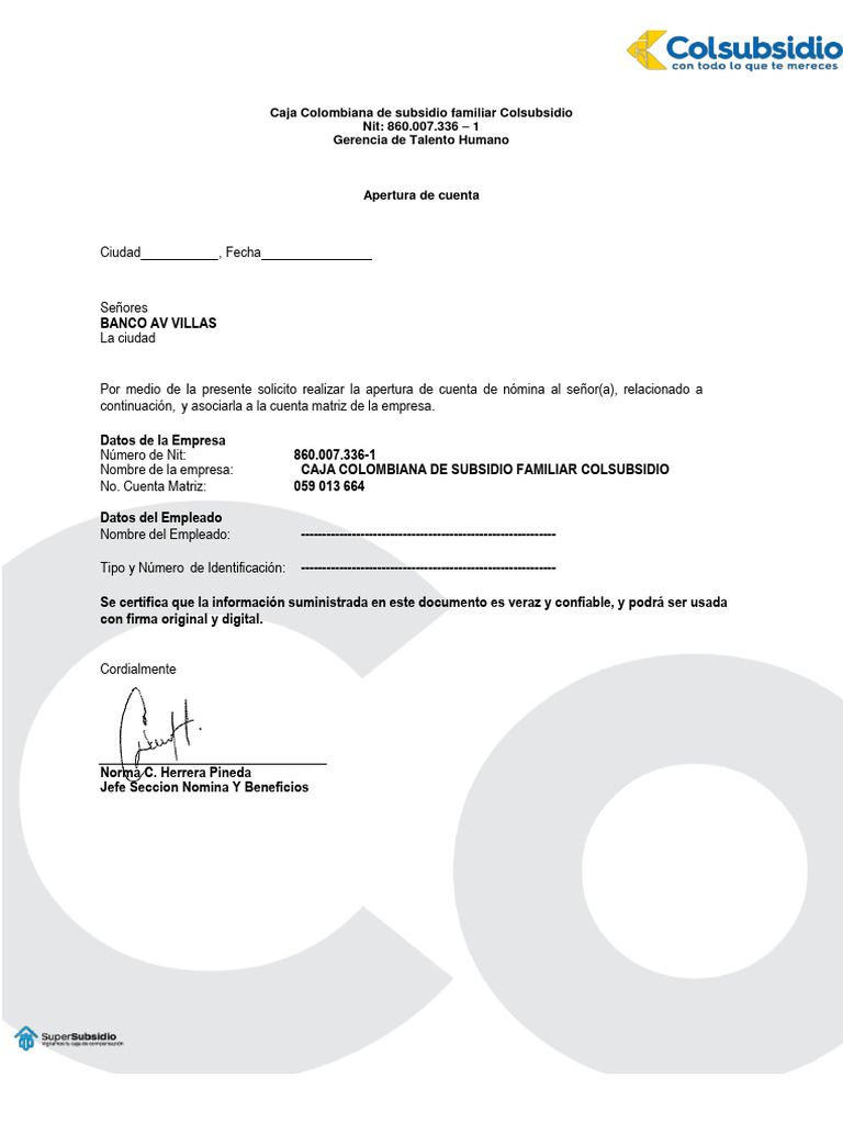 Formato Apertura de Cuentas Banco Av Villas. | PDF