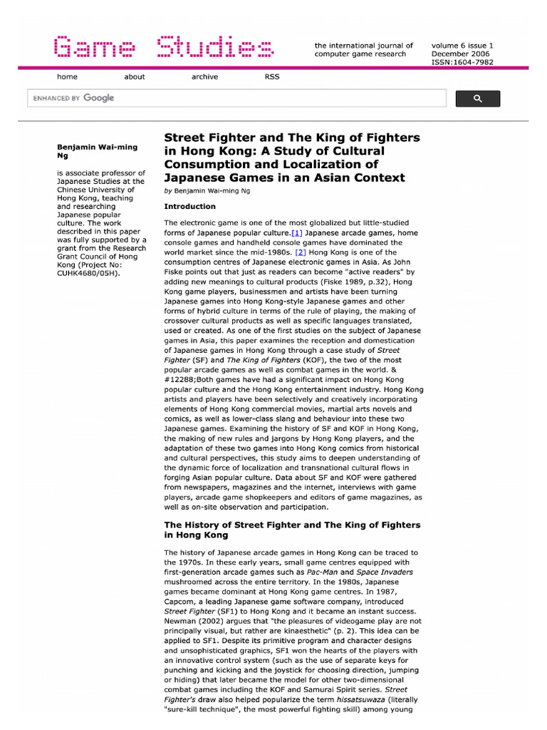 Street Fighter and The King of Fighters in Hong Kong - A Study of Cultural Consumption and ...