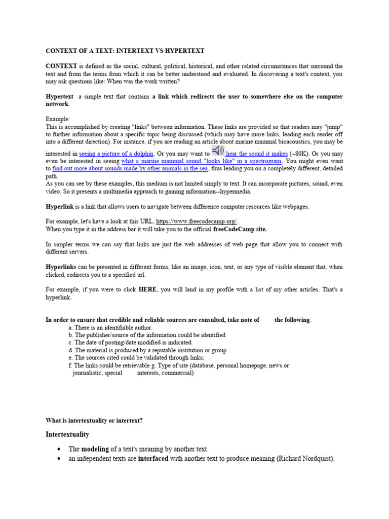 Hypertext and Intertext Handout | PDF | Hyperlink | Intertextuality