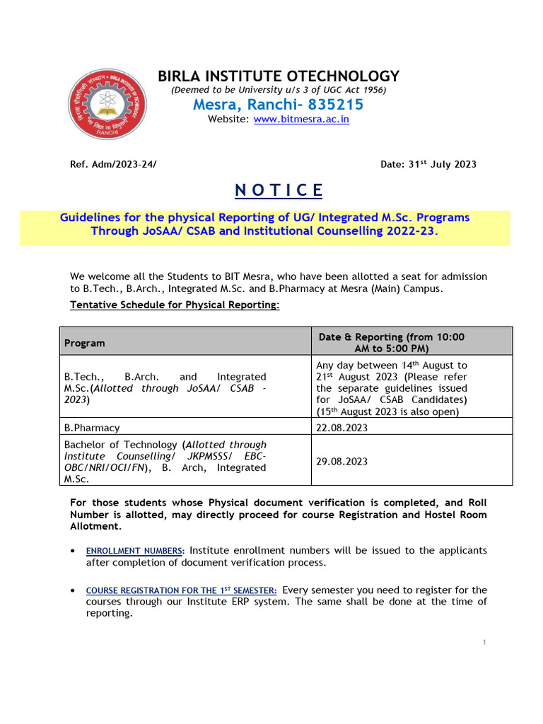 Guidelines For Candidates Physical Verification For B - Tech (EBC, OBC ...