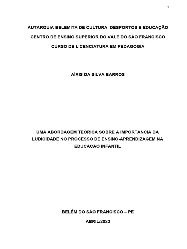 tcc1 - Pedagogia Ludicidade | PDF | Aprendizado | Pré-escola