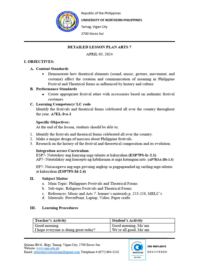 Detailed Lesson Plan Arts 7 | PDF
