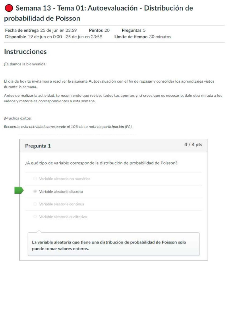 Semana 13 Tema 01 Autoevaluación Distribución de Probabilidad de Poisson | PDF