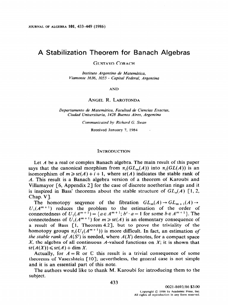 08 A Stabilization Theorem For Banach Algebras J. Algebra 101 (1986), 433-449 | PDF | Banach ...