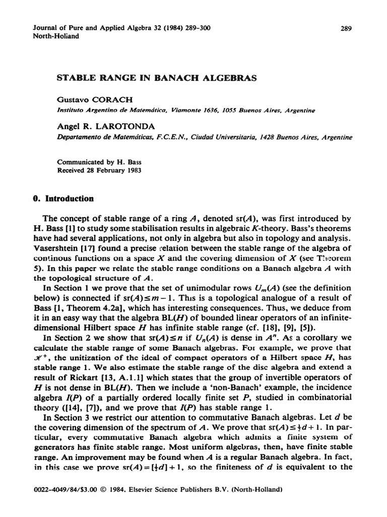 Stable Range in Banach Algebra JPAA 32 (1984), 289-300 | PDF | Banach ...