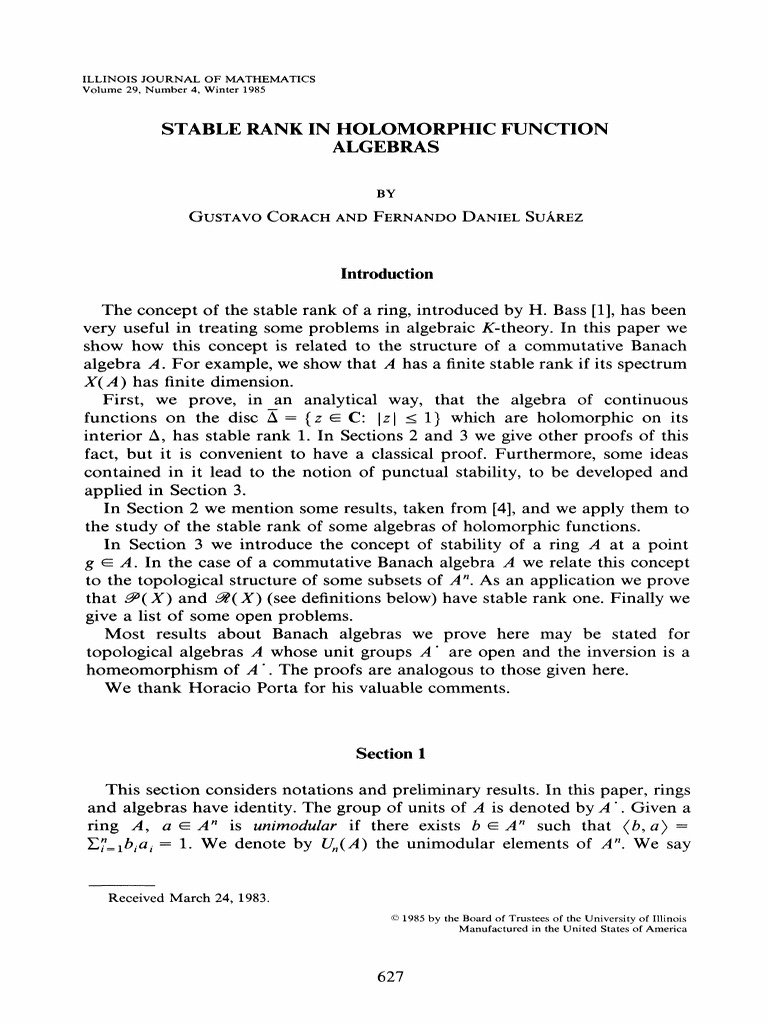 Stable Rank of Holomorphic Function Algebras Illinoisjmath 29 (1985), 627-639 | PDF | Theorem ...