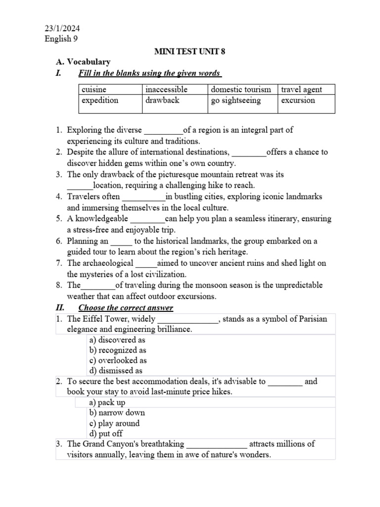 Mini Test Unit 8 Grade 9 Pdf Tourism