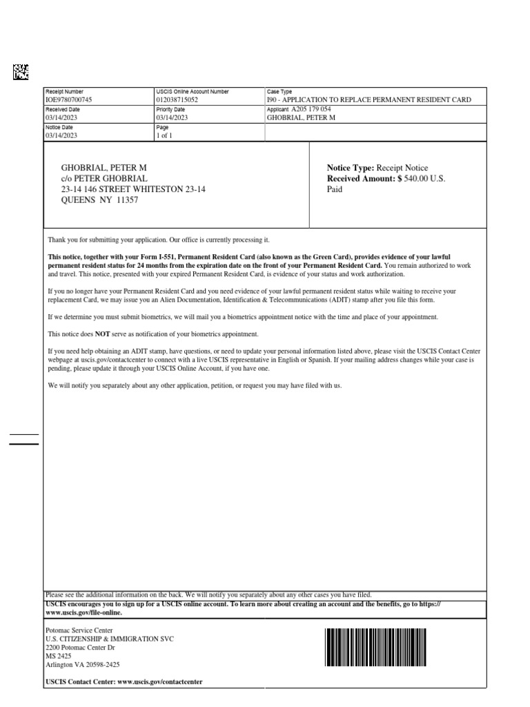 Receipt Notice - Extension | PDF | United States Citizenship And ...