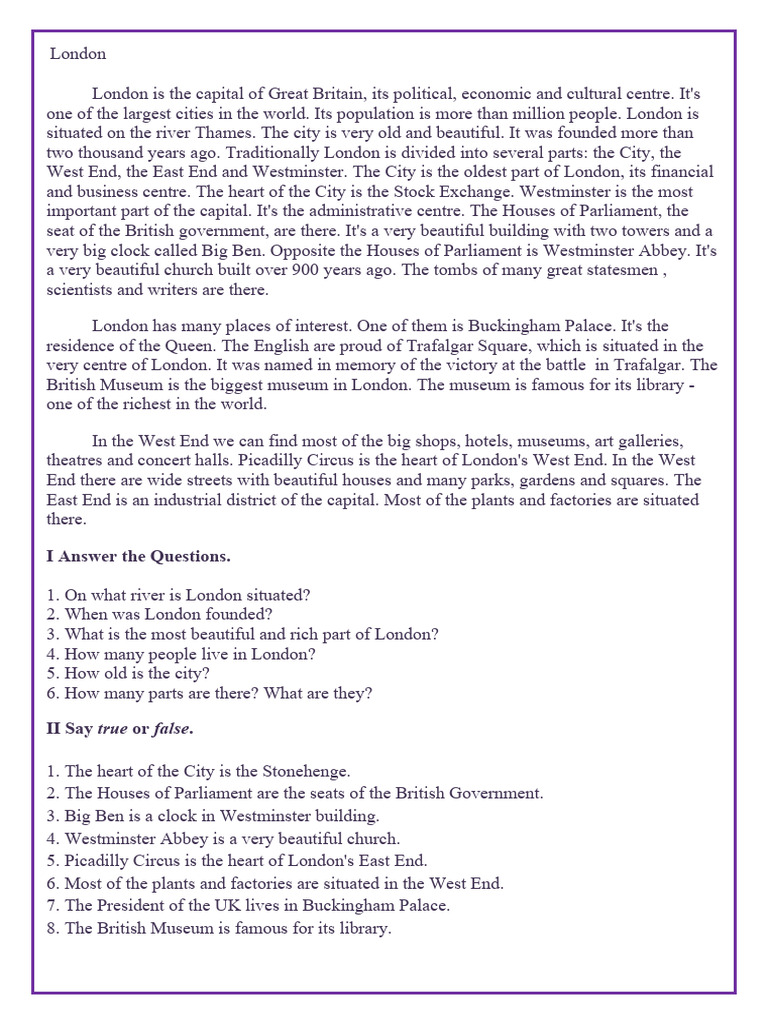 London Reading Comprehension Exercises - 93747 | PDF