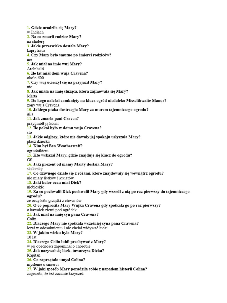 PYTANIA OTWARTE Tajemniczy Ogród Odpowiedzi | PDF