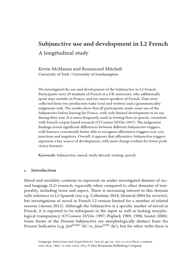 Subjunctive Use and Development in l2 French A Longitudinal Stud 2015 | Download Free PDF ...