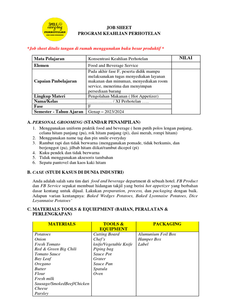 Job Sheet FB.s - Pengolahan Makanan (Appetizer) | PDF