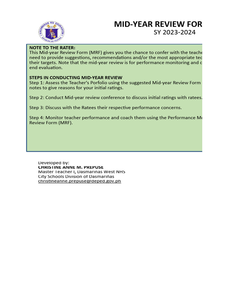 Midyear Review Form MRF 2023 2024 1 | PDF | Learning | Behavior ...