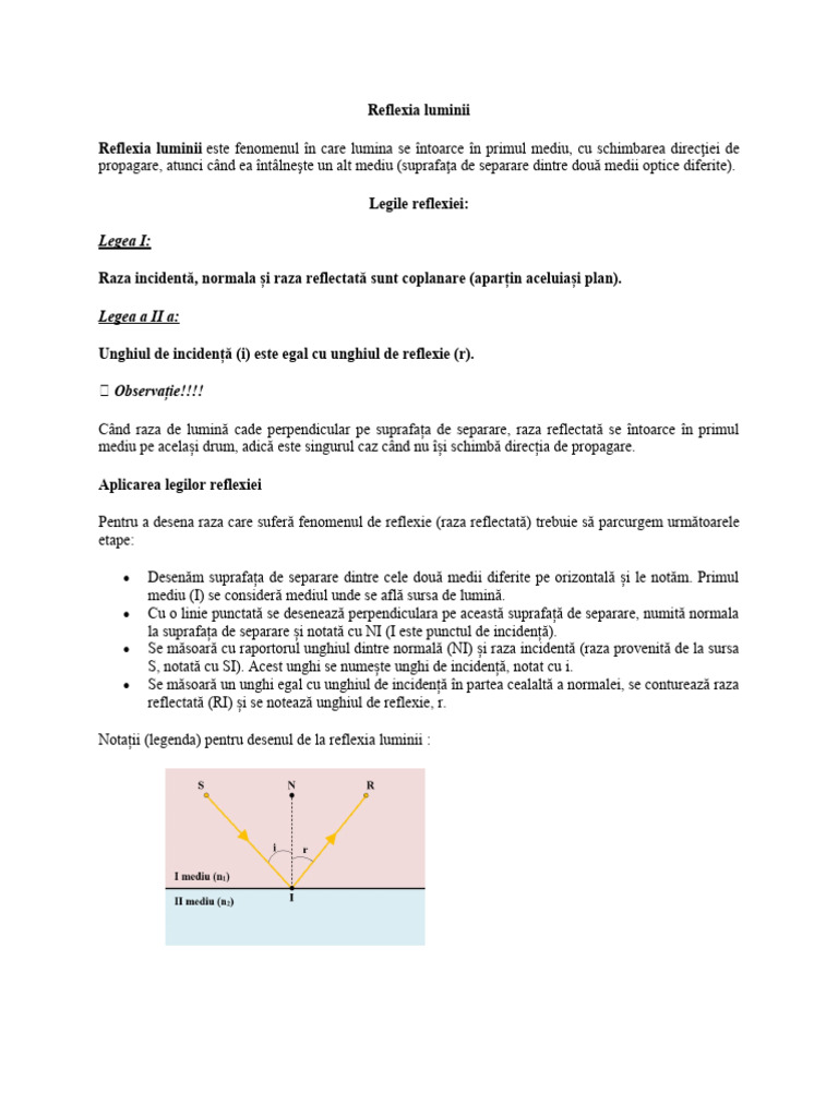 Reflexia Luminii - Clasa A VIII-a | PDF