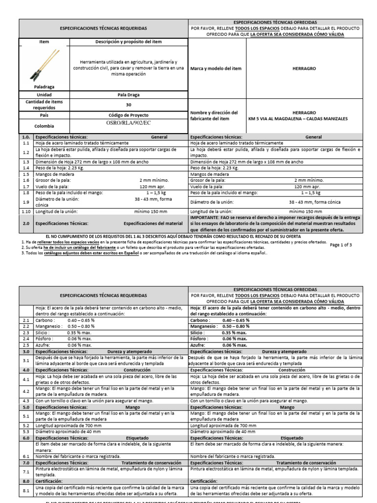 Especificaciones para Oferta de Paladraga | PDF | Acero | Tornillo