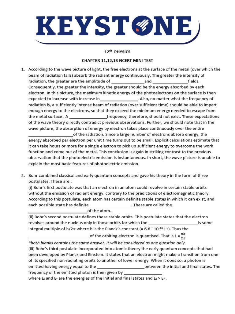 Chapter 11,12,13 Test Paragraph Question Paper | PDF | Electron ...