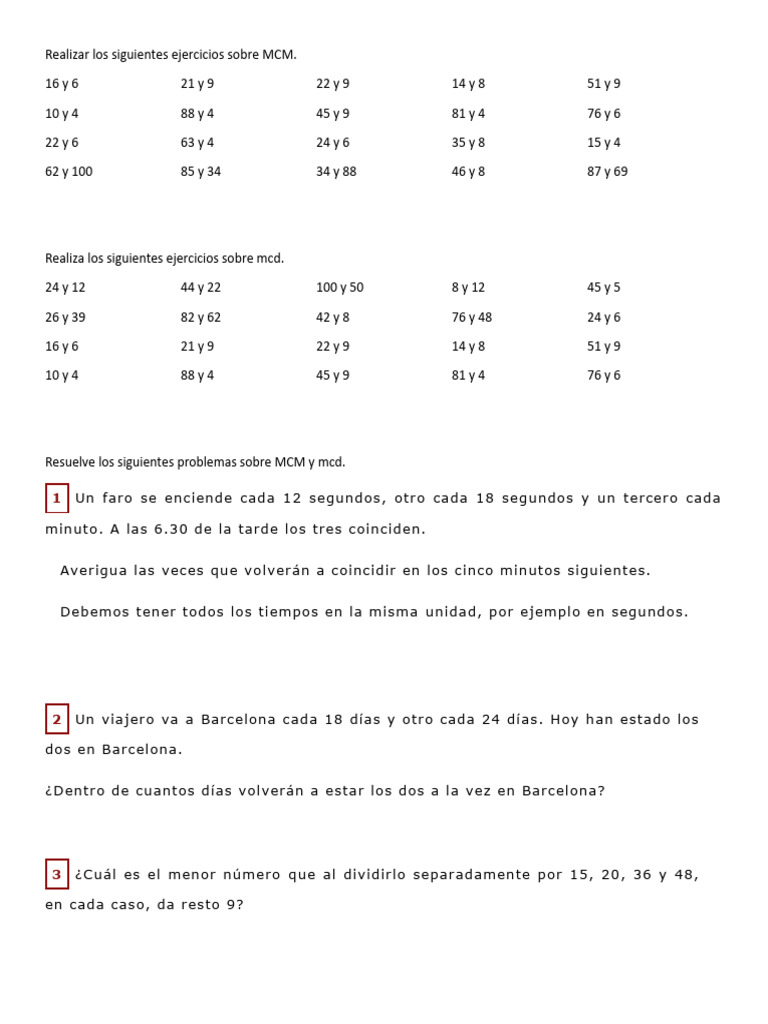 Ejercicios de MCM y MCD | PDF