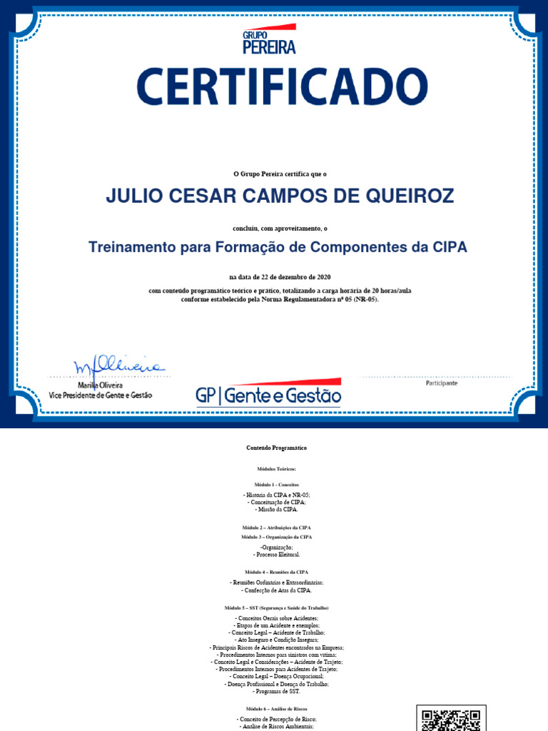 Treinamento para Formação de Componentes Da CIPA-Certificado Do Curso ...