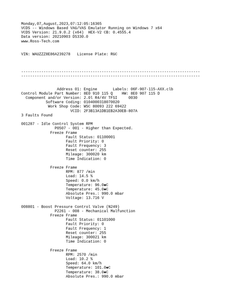 Log RGC Wauzzz8e86a239278 | PDF | Vehicle Technology | Rotating Machines