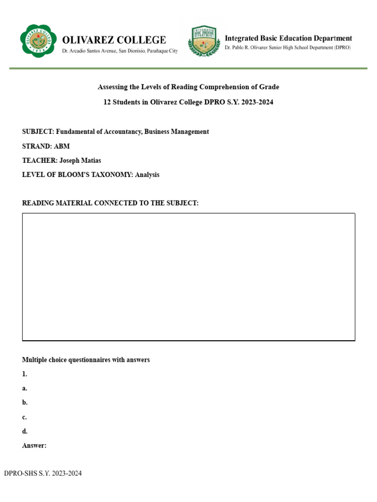 Grade 12 Reading Comprehension Analysis | PDF | Multiple Choice ...
