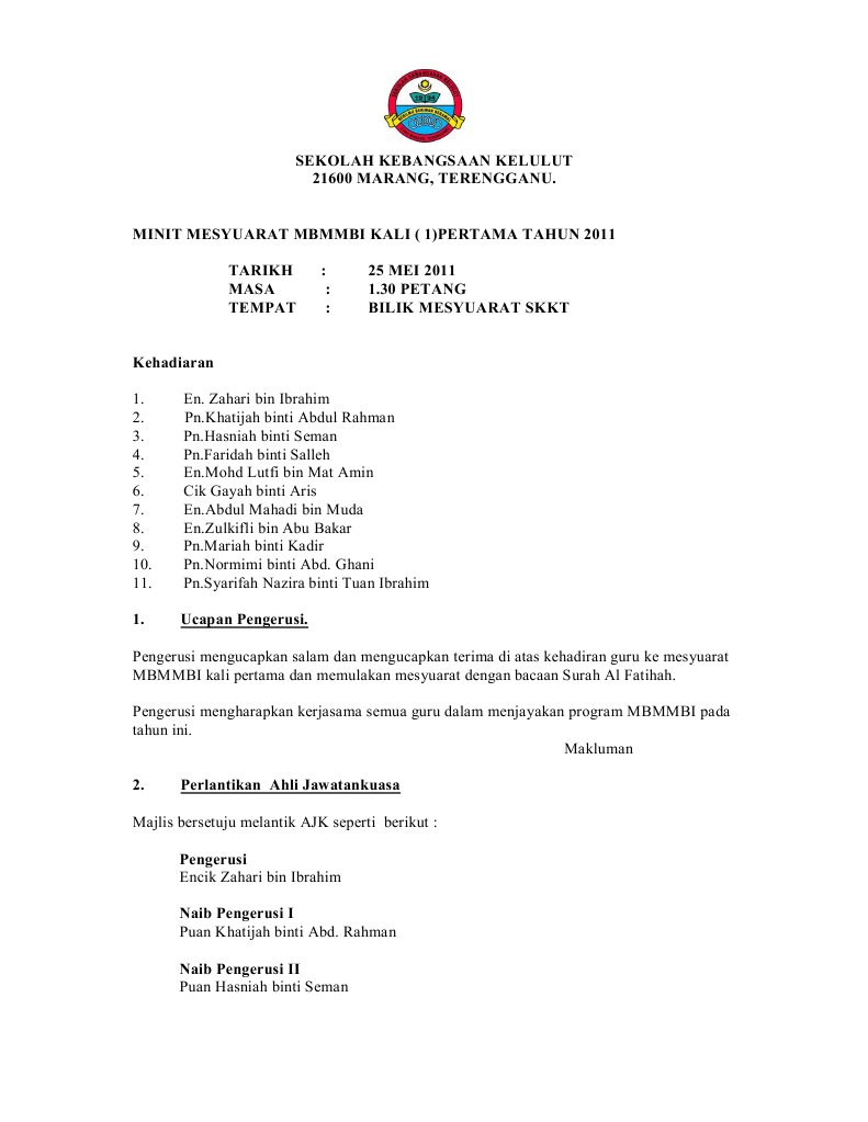 Minit Mesyuarat MBMMBI 1 | PDF