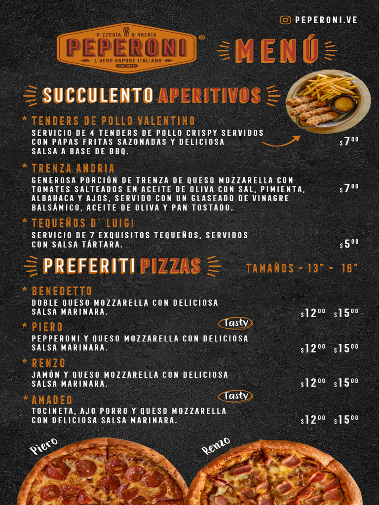 Menú de Pizzas y Aperitivos Peperoni | PDF | Ingredientes de comida ...
