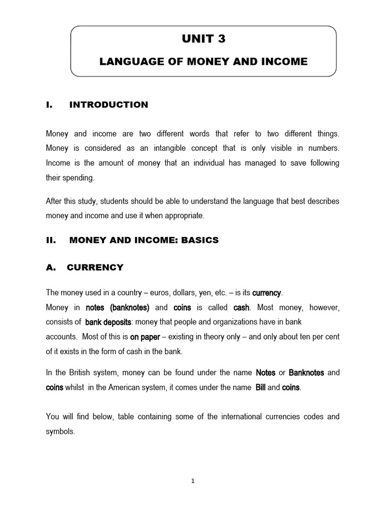Unit 3 Language of Money and Income | PDF | Money | Social Security ...
