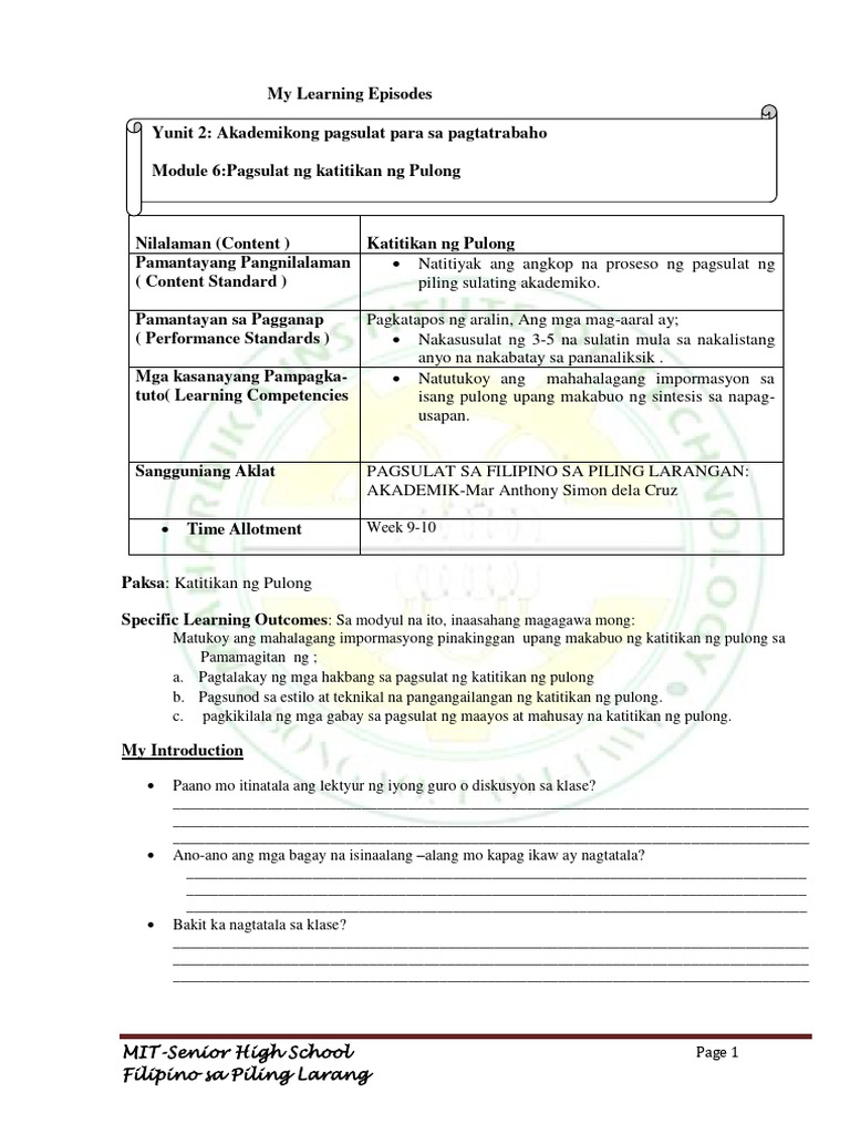 Stem - G12 - Fil - 121-Pagsulat - Sa - Filipino - Sa - Piling - Larangan | PDF