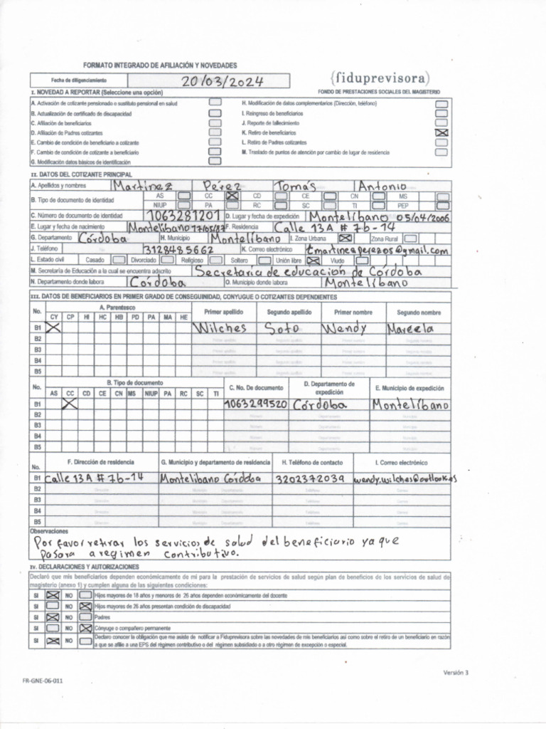 FORMULARIO DE AFILIACION Y NOVEDADES BENEFICIARIO | PDF