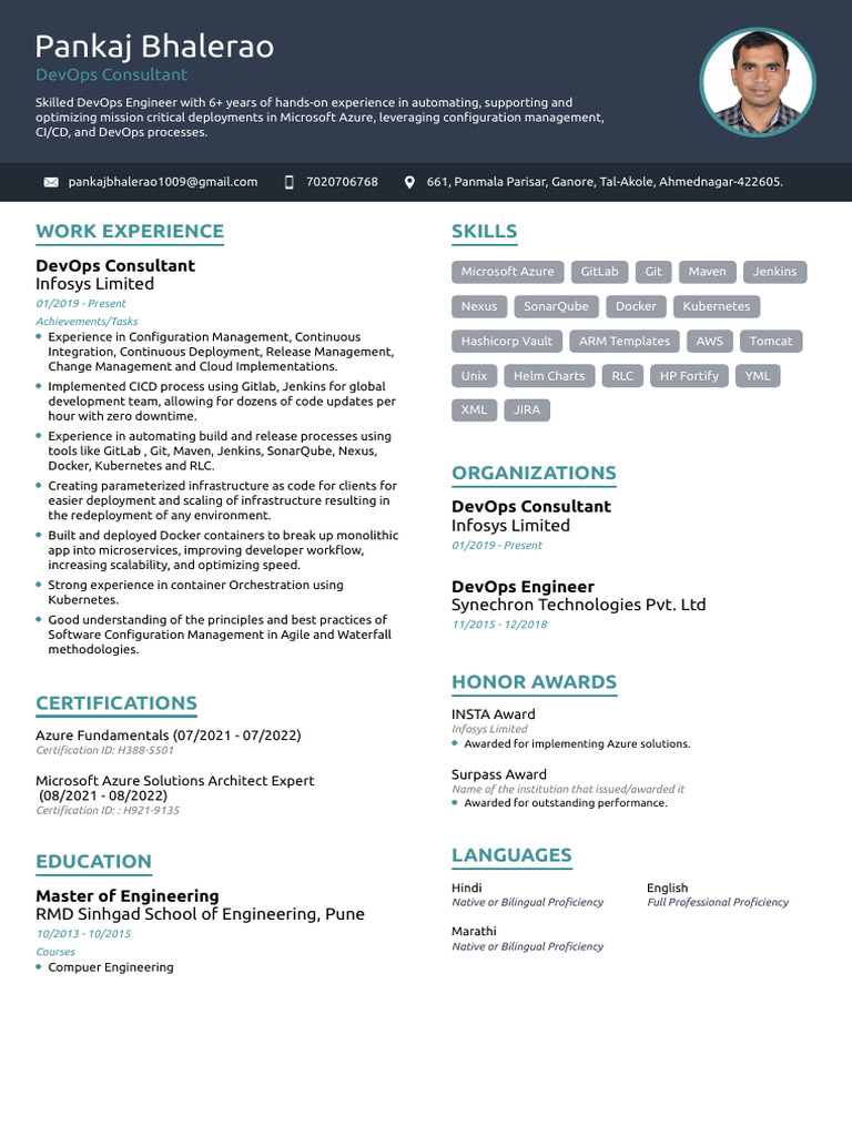 Pankaj - Bhalerao - DevOps - Consultant - Resume | PDF | Microsoft Azure | Computer Engineering