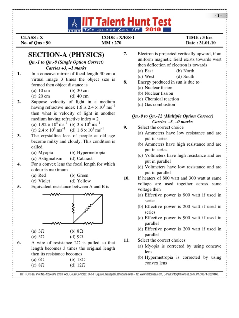 Section-A (Physics) : Qn.-1 To Qn.-8 (Single Option Correct) Carries +3 ...