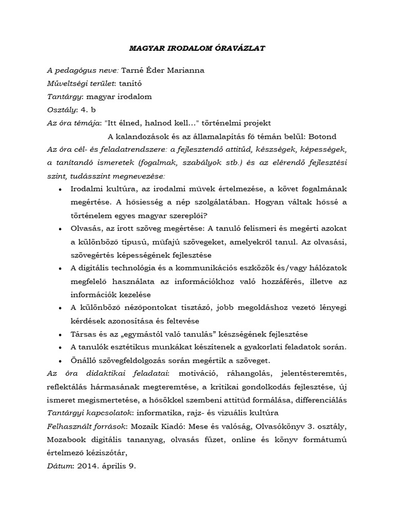 MAGYAR IRODALOM ÓRAVÁZLAT Botond | PDF