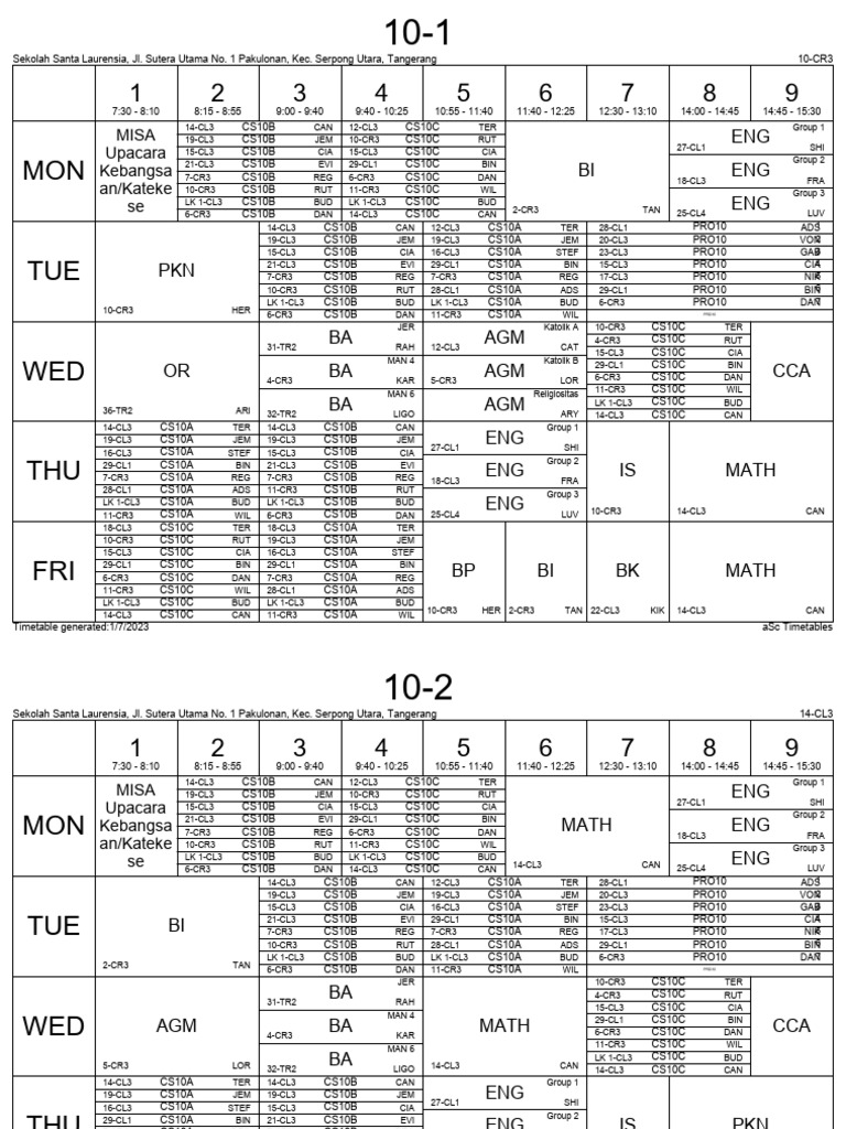 0701 Per Kelas Jadwal Pelajaran Semester Genap 2022-2023 | PDF