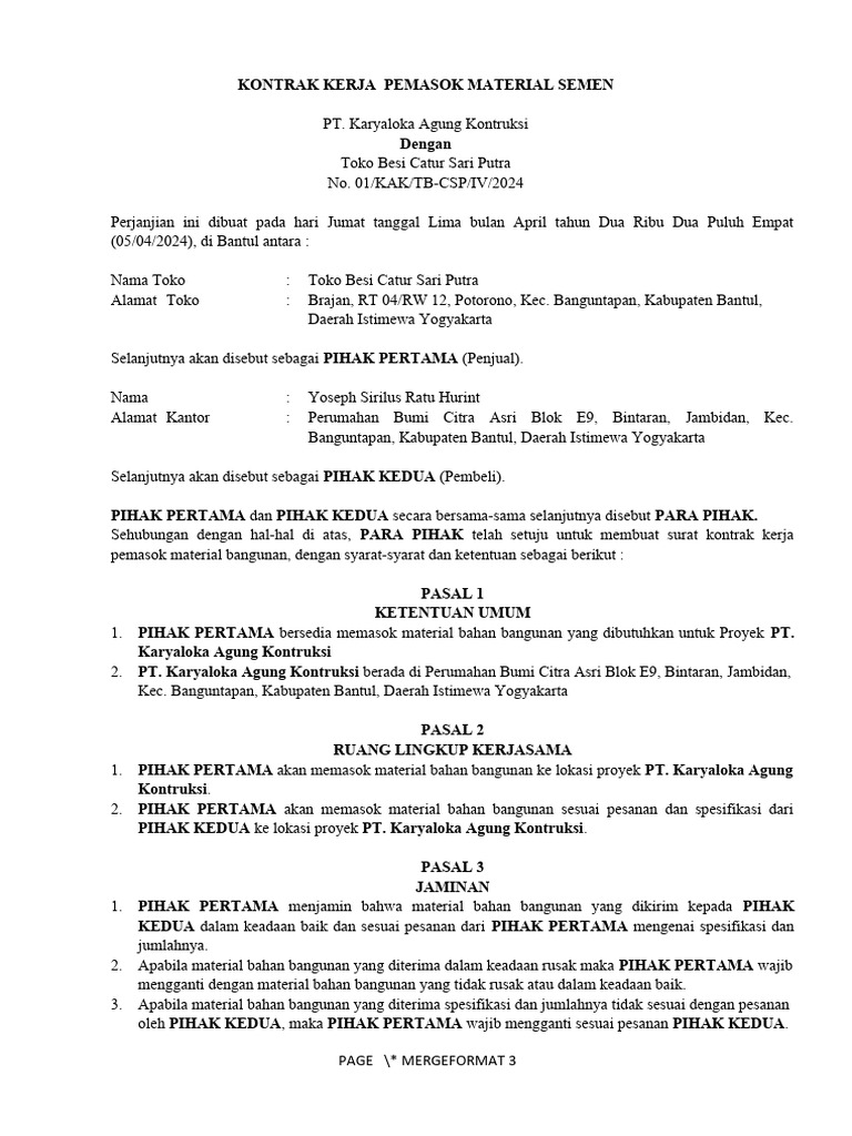 Surat Perjanjian Material - Semen | PDF