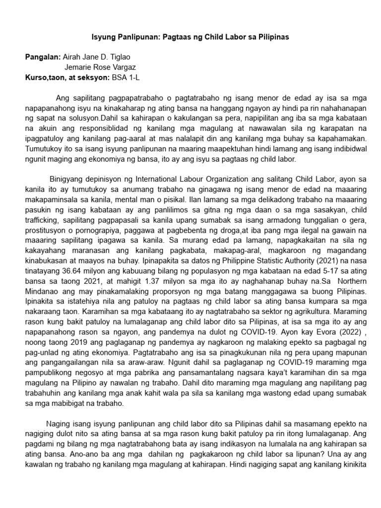 Isyung Panlipunan - Pagtaas NG Child Labor Sa Pilipinas | PDF