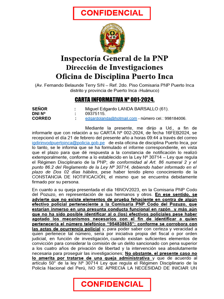 Carta Informativa 001-2024 Sr. Miguel Landa | PDF | Justicia | Crimen y ...