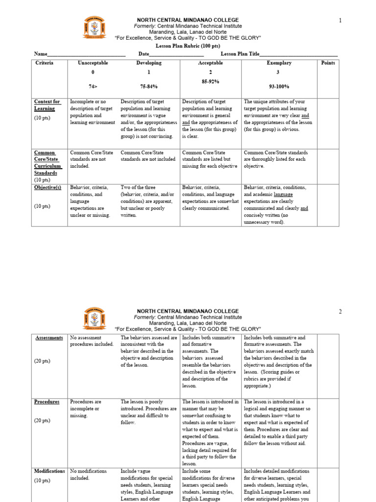 Lesson Plan Rubric | PDF | Learning | Rubric (Academic)