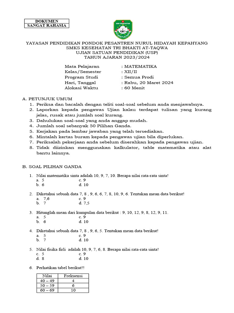 Soal Usp Matematika Kelas Xii 2024 | PDF | Metode & Bahan Ajar