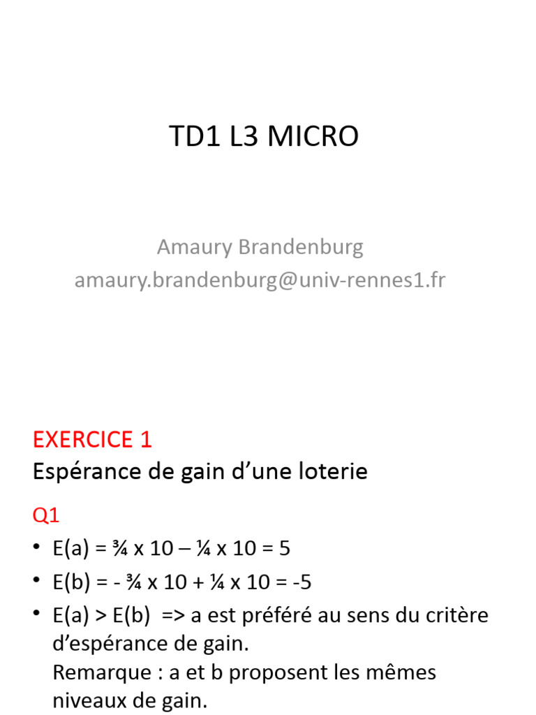 TD1 L3 Micro | PDF | Espérance mathématique | Théorie des probabilités