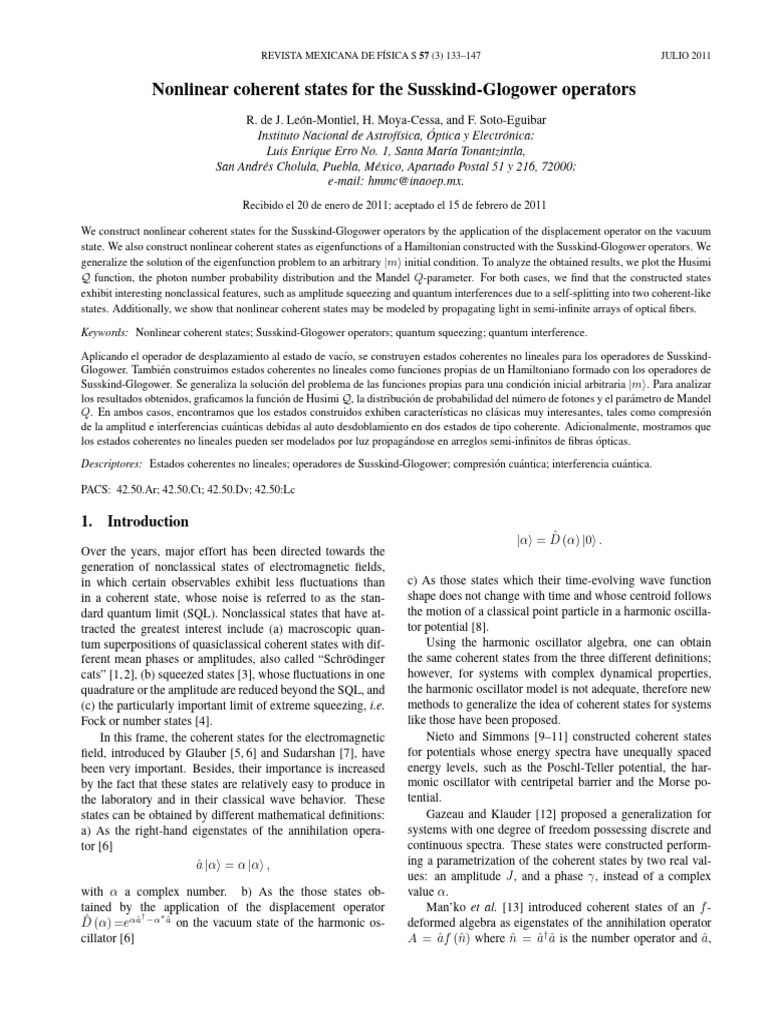 Nonlinear Coherent States For The Susskind-Glogower Operators | PDF ...
