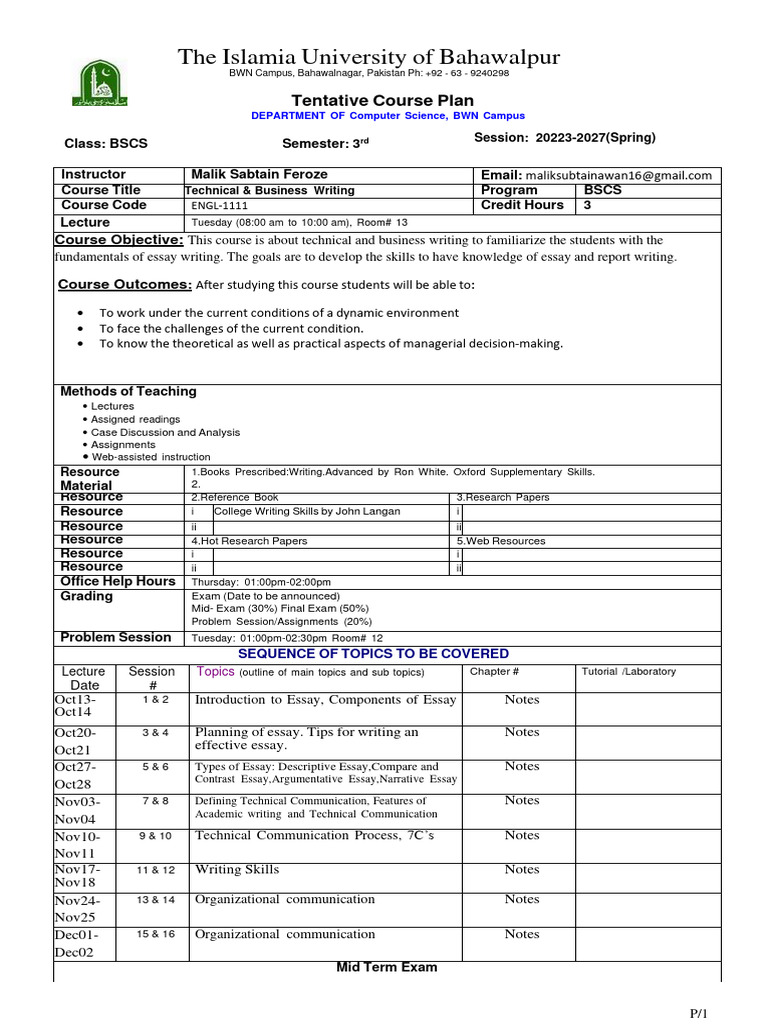 Course Plan Bscs 3rd B | PDF | Essays | Learning