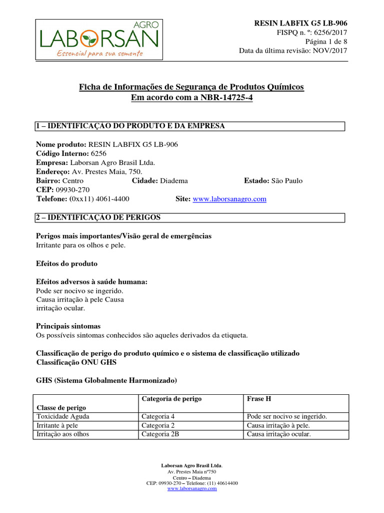 FISPQ - Resin Labfix G5 LB-906 | PDF | Embalagem e rotulagem | Desperdício