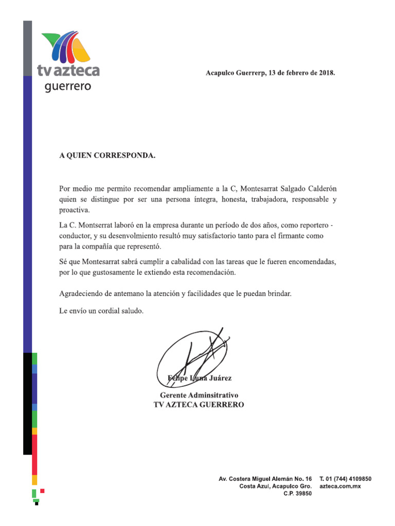 CARTA CON FIRMA TV AZTECA GUERRERO | PDF