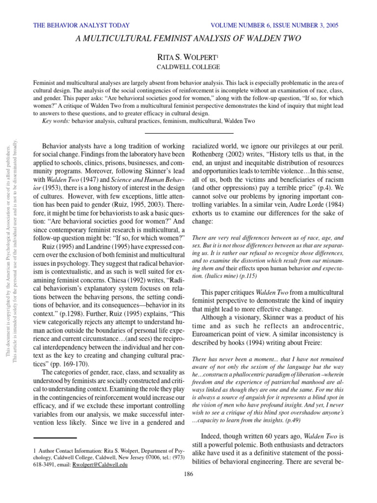 Wolpert, 2005 - A Multicultural Feminist Analysis of Walden Two | PDF | Reinforcement | Feminism