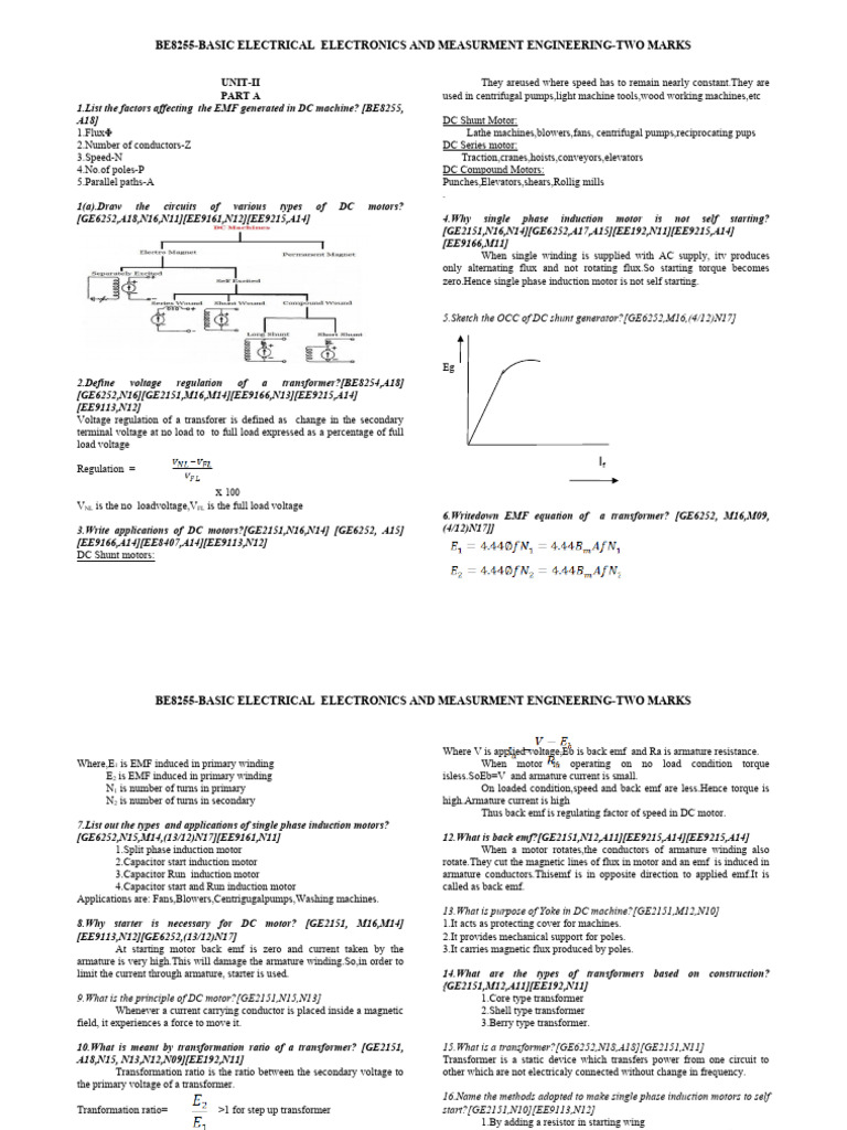 beeeunitII 2MARKS | PDF | Electric Motor | Transformer