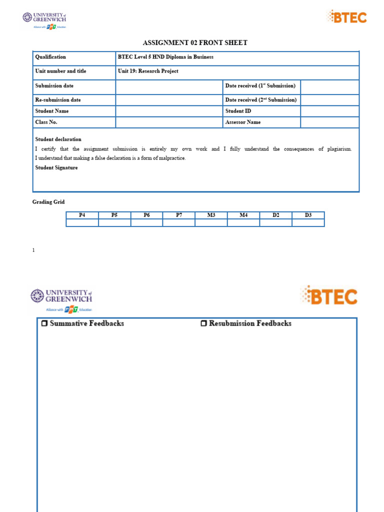 BTEC HND Business Research Project Sheet | PDF