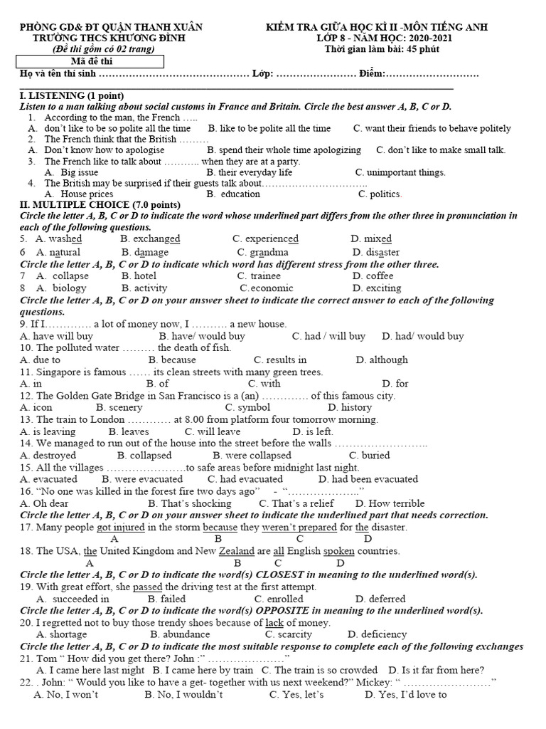 De Thi Giua Hkii Tanh 8 20-21 253202122 | PDF