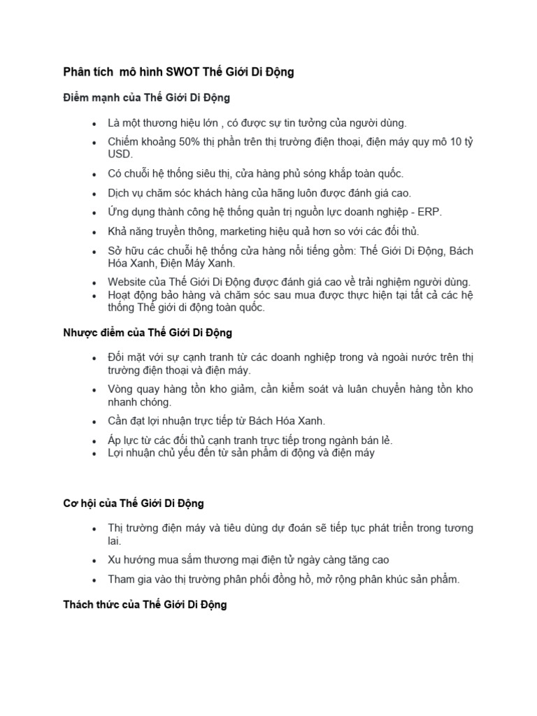 Phân tích mô hình SWOT Thế Giới Di Động | PDF