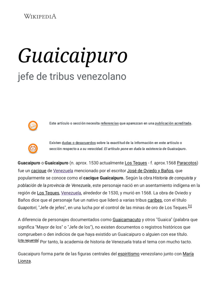 Biografía del Cacique Guaicaipuro | PDF | Venezuela | Pueblos Indígenas ...